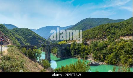 Ura e Ulzes bridge on one of most beautiful roads in Albania along the ...