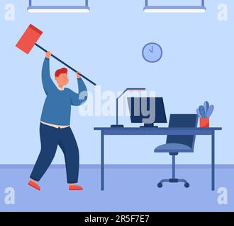 Angry business person breaking office computer with big hammer. Adult ...
