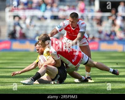 Hull KR's Joe Burgess is tackled during the Betfred Challenge Cup semi ...