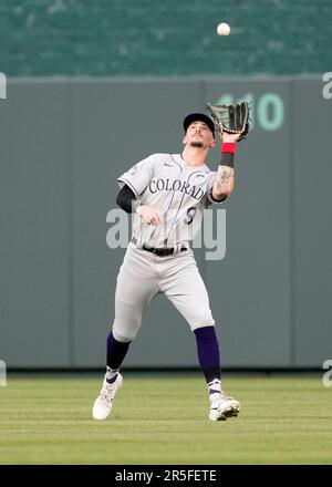 Colorado Rockies center fielder Brenton Doyle (9) in the second inning ...