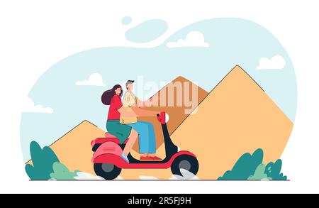 Couple riding moped on Egyptian pyramids background. Man and woman ...