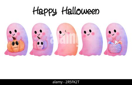 Watercolor pink baby ghost clipart.Halloween cute ghost illustration ...