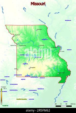 Physical map of Mississippi with mountains, plains, bridges, rivers ...