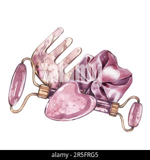 Stone face massager hair comb, roller gua sha, hair silk bow isolated ...