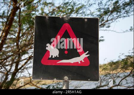 Hippo warning sign, iSimangaliso Wetland Park, KwaZulu-Natal, South ...