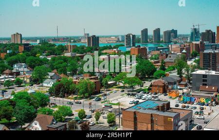 Ariel view of downtown Windsor, the Detroit river and Detroit skyline ...
