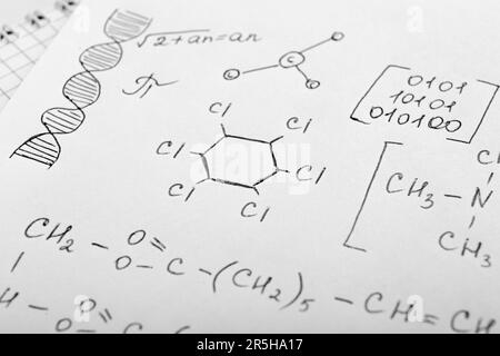 Sheet of paper with different chemical formulas, closeup Stock Photo ...