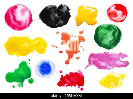 Set with colorful blots of ink on white background, top view Stock ...