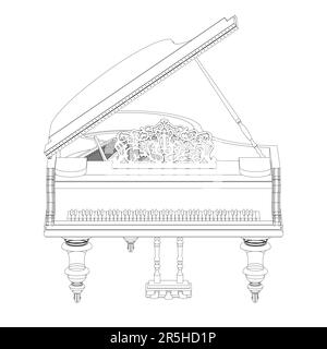 Outline of a vintage grand piano from black lines isolated on a white background. Isometric view ...
