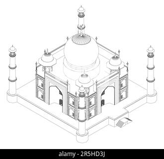 Outline of the Taj Mahal temple from black lines isolated on a white background. Front view ...