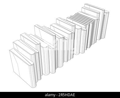Wireframe of stack of books from black lines isolated on white background. One open book ...