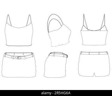 Set with contours of a women's top with a short skirt from black lines ...