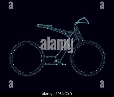 Bicycle wireframe made of blue lines isolated on a dark background ...