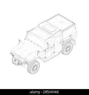 Black line combat jeep wireframe isolated on white background. Front ...