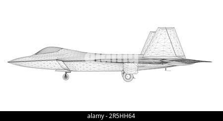 Combat fighter jet wireframe from black lines isolated on white ...