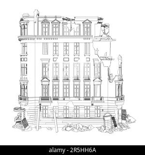 The outline of the destroyed building from black lines isolated on a ...