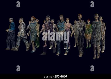 Wireframe of crowd of walking people from black lines isolated on white ...