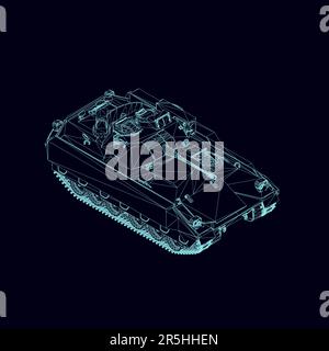 Battle tank wireframe from blue lines isolated on dark background ...