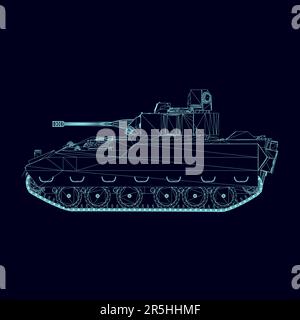 Battle tank wireframe from blue lines isolated on dark background ...