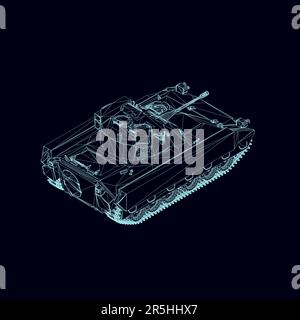 Battle tank wireframe from blue lines isolated on dark background. Side ...