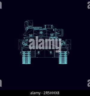 Battle tank wireframe from blue lines isolated on dark background ...