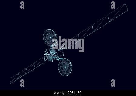Space satellite wireframe from blue lines isolated on dark background ...