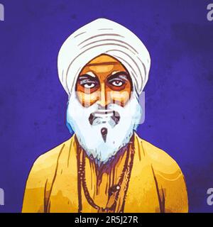 Watercolor painting on canvas. Guru Nanak, Indian religious reformer ...