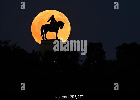 Moonrise behind the equestrian statue of Jan Zizka at Vitkov in the ...