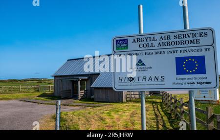 Airport terminal and signage on the island of Coll, Scotland Stock ...