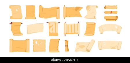 Cartoon parchment rolls, blank scrolls and royal paper banners. Open and convoluted antique ...