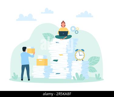 Cartoon tiny people holding folder and road barrier, antenna with ...