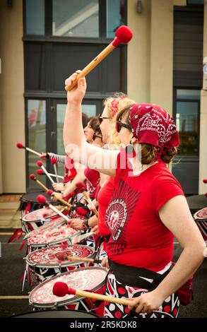 Batala samba reggae and carnival drumming band playing on Blackpool ...