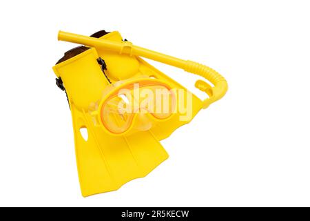 Yellow diving equipment, mask snorkel and flippers isolated on white ...