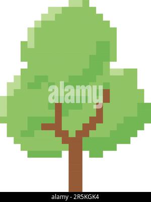 Pixel forest set. Retro 8 bit video game UI elements, trees bushes and grass sprite asset ...