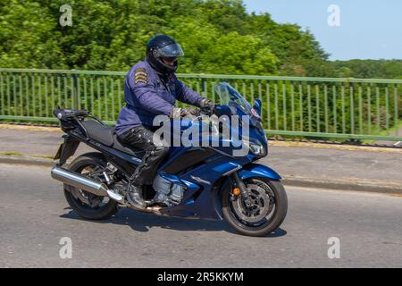 2018 Phantom Blue Yamaha FJR 1300 A; crossing motorway bridge in ...