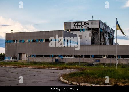 Damaged buildings of the Zeus ceramics factory in Sloviansk, Russian ...
