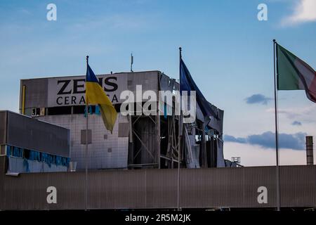 Damaged buildings of the Zeus ceramics factory in Sloviansk, Russian ...