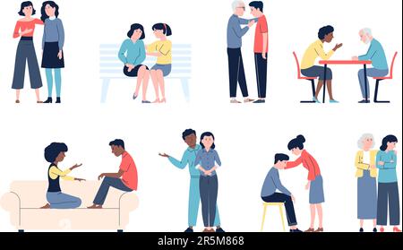 Family support. Parents and friends comforting and hugging crying kids ...