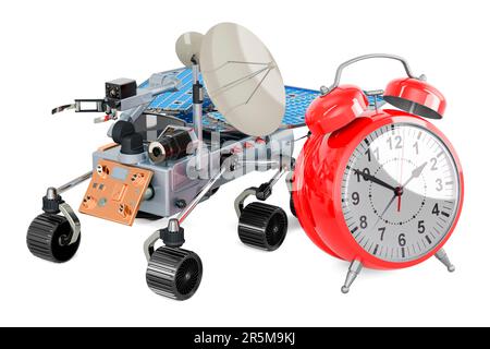 Planetary rover with alarm clock, 3D rendering isolated on white ...