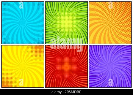 Colorful twisted comic book radial rays, lines. Comics background with ...