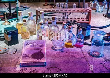 Potion making equipment on a desk in the potions lab set at Hogwarts ...