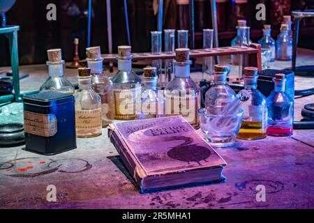 Potion making equipment on a desk in the potions lab set at Hogwarts School as seen on the ...