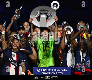 Marquinhos, Nuno Mendes of PSG celebrate the victory following the penalty shootout of the ...