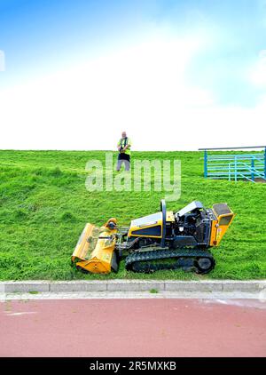 North Tyneside council workert using the radio controlled Robocut grass ...
