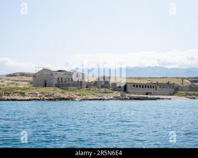 Dilapidated buildings, island of Goli Otok, Alcatraz of Croatia, site ...