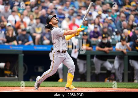 Pittsburgh Pirates' Connor Joe swings during at at-bat during a ...