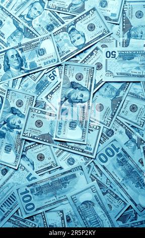 Surreal pop art style heap of purple colored United States dollar bills ...