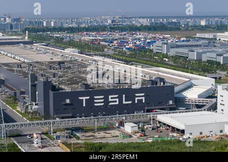 Aerial photos show the Tesla Gigafactory in Shanghai, China. 2nd June ...