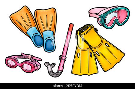 Cartoon set of cute doodle scuba diving equipment. Summer swimming ...