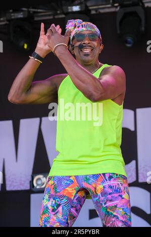 Mr Motivator MBE (Derrick Evans) performing at Wychwood Festival ...